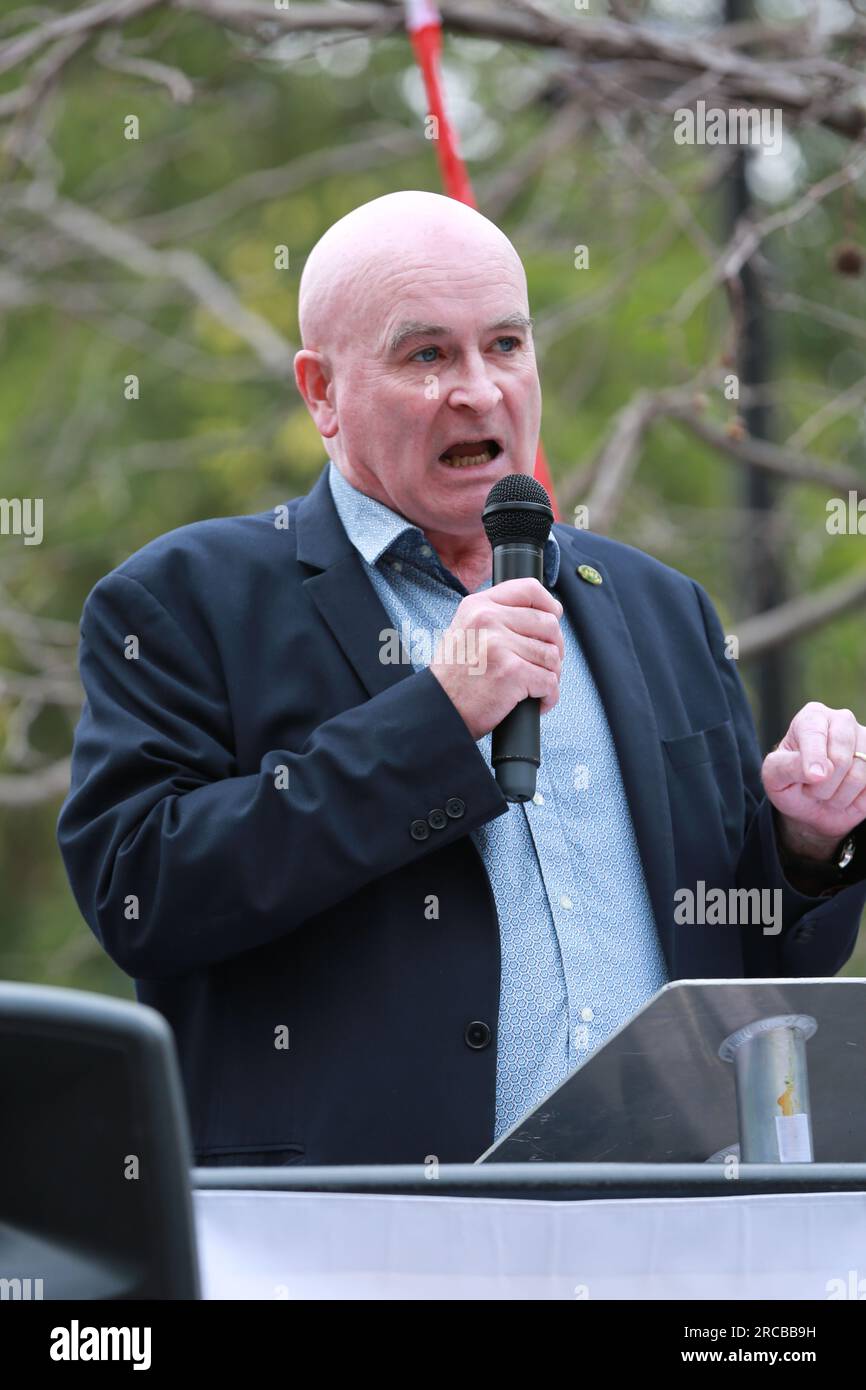 London, UK. 13 July 2023. RMT General Secretary Mick Lynch at the 'Save ...
