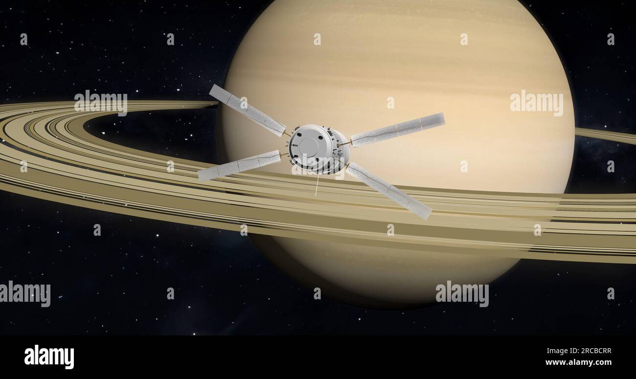 Spacecraft in front of the planet Saturn. Space exploration Stock Photo ...