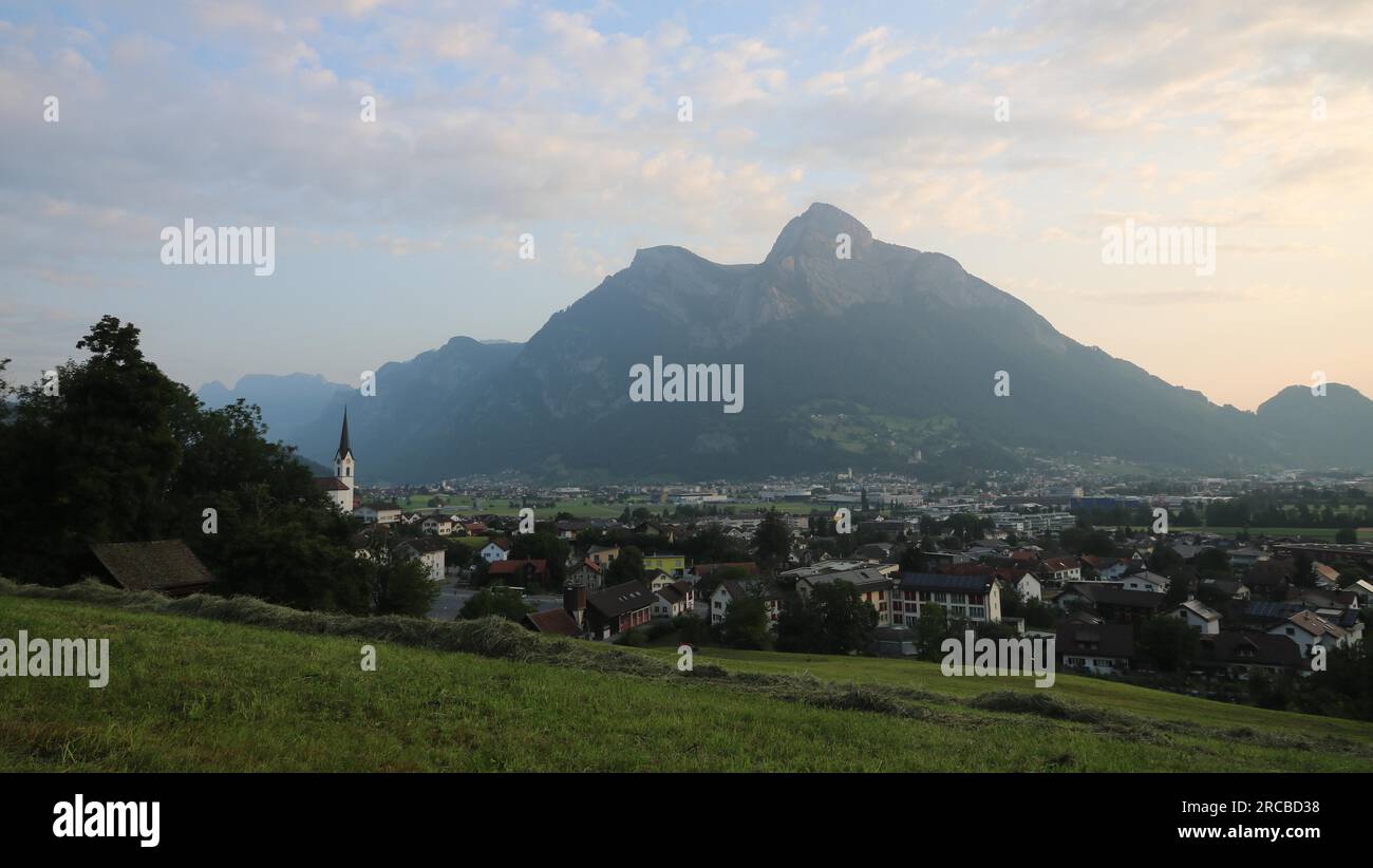 Morning scene in St Gallen Canton. Towns Wangs and Sargans. Mountains ...