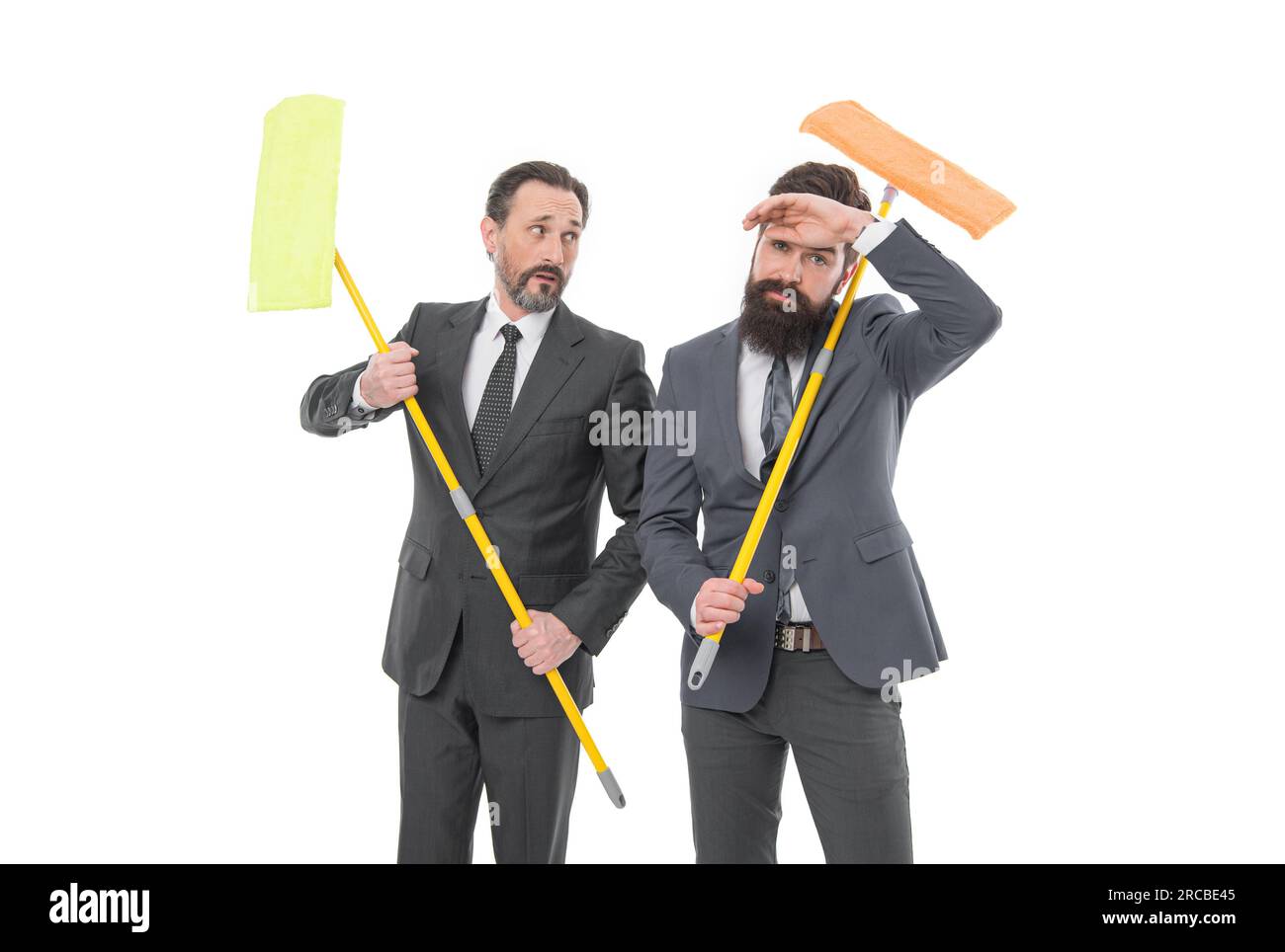 Clear reputation. Bearded men formal suits hold mops. Big cleaning day ...