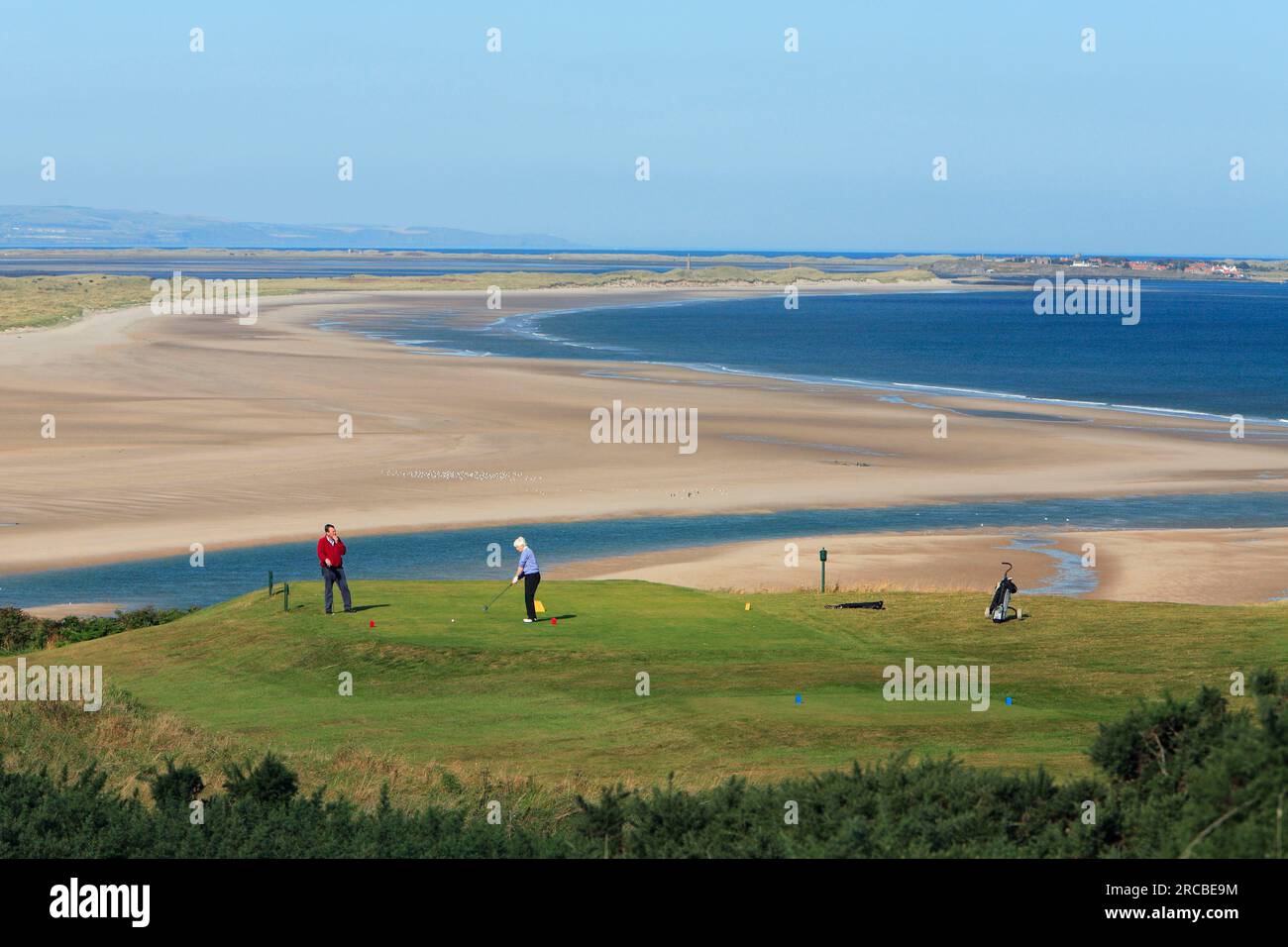 Golf course, Bamburgh, Budle Bay, Northumberland national park, England ...
