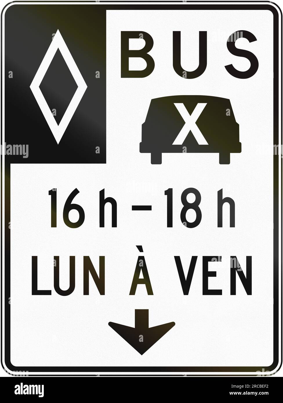 Regulatory road sign in Quebec, Canada - Bus lane in specified times ...