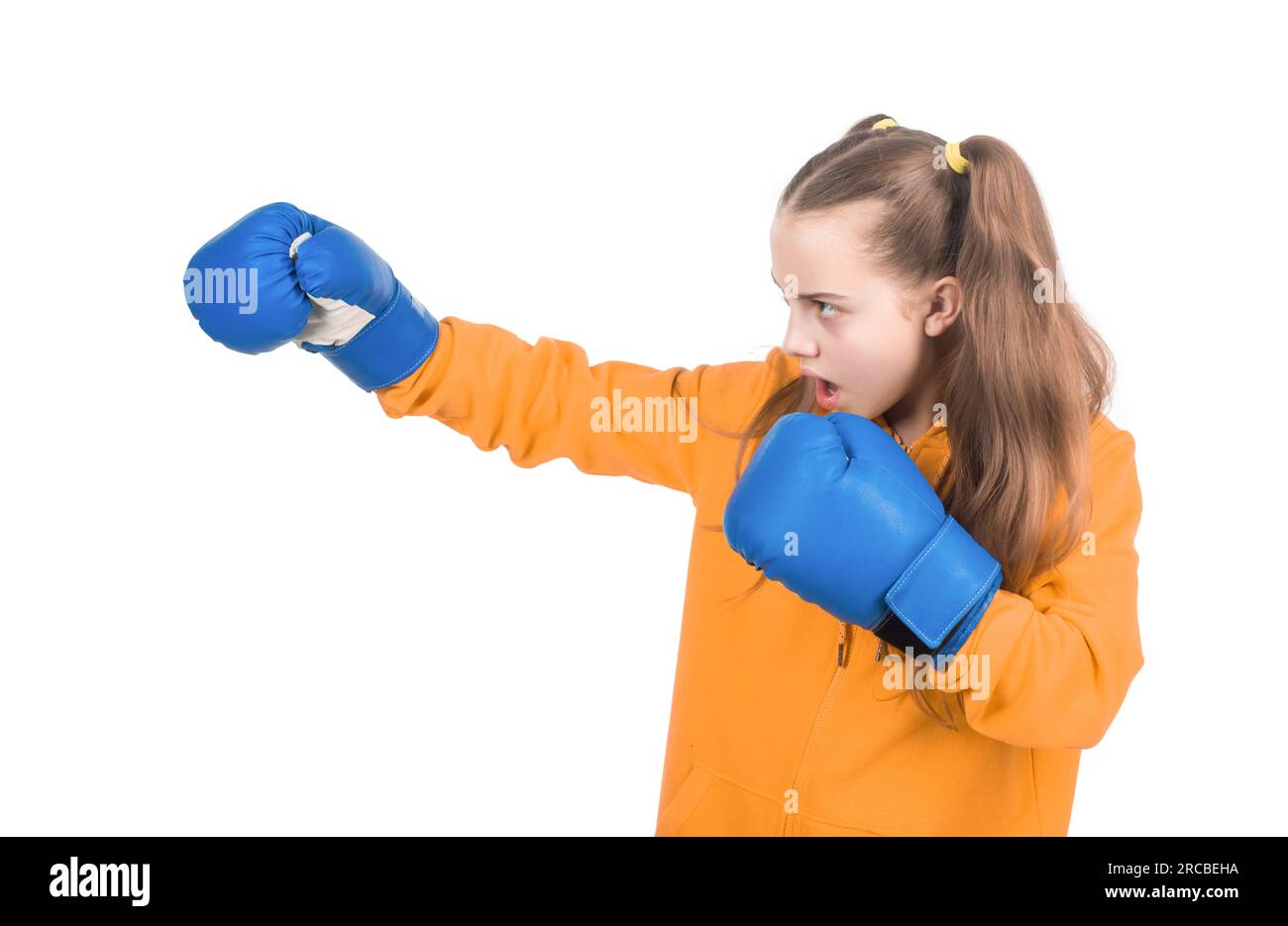 angry attack. child boxer isolated on white background. sport success ...