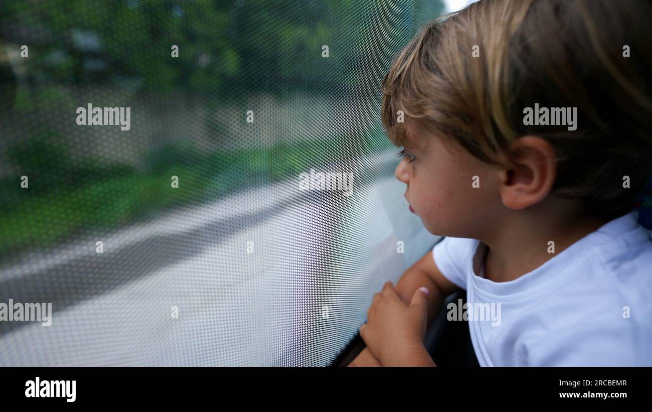 Child staring out bus window traveling by public transportation Stock ...