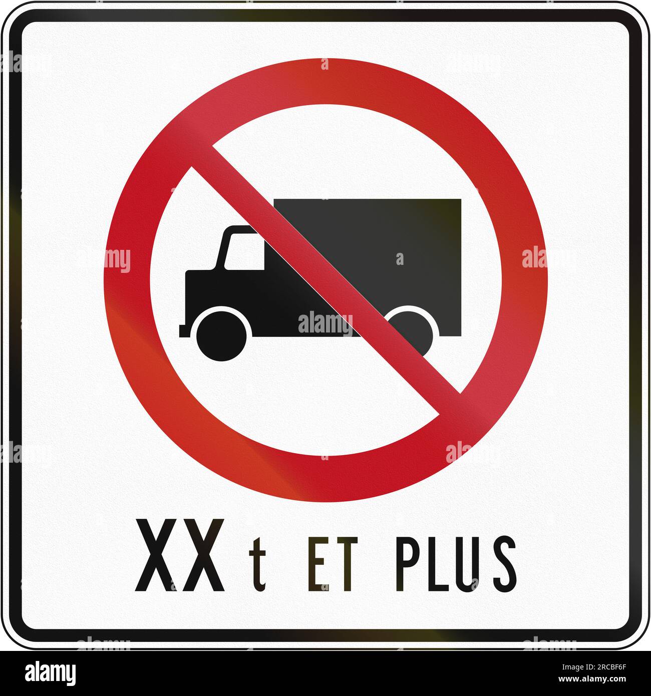 Canadian regulatory traffic sign - No lorries. The text means: XX tons ...