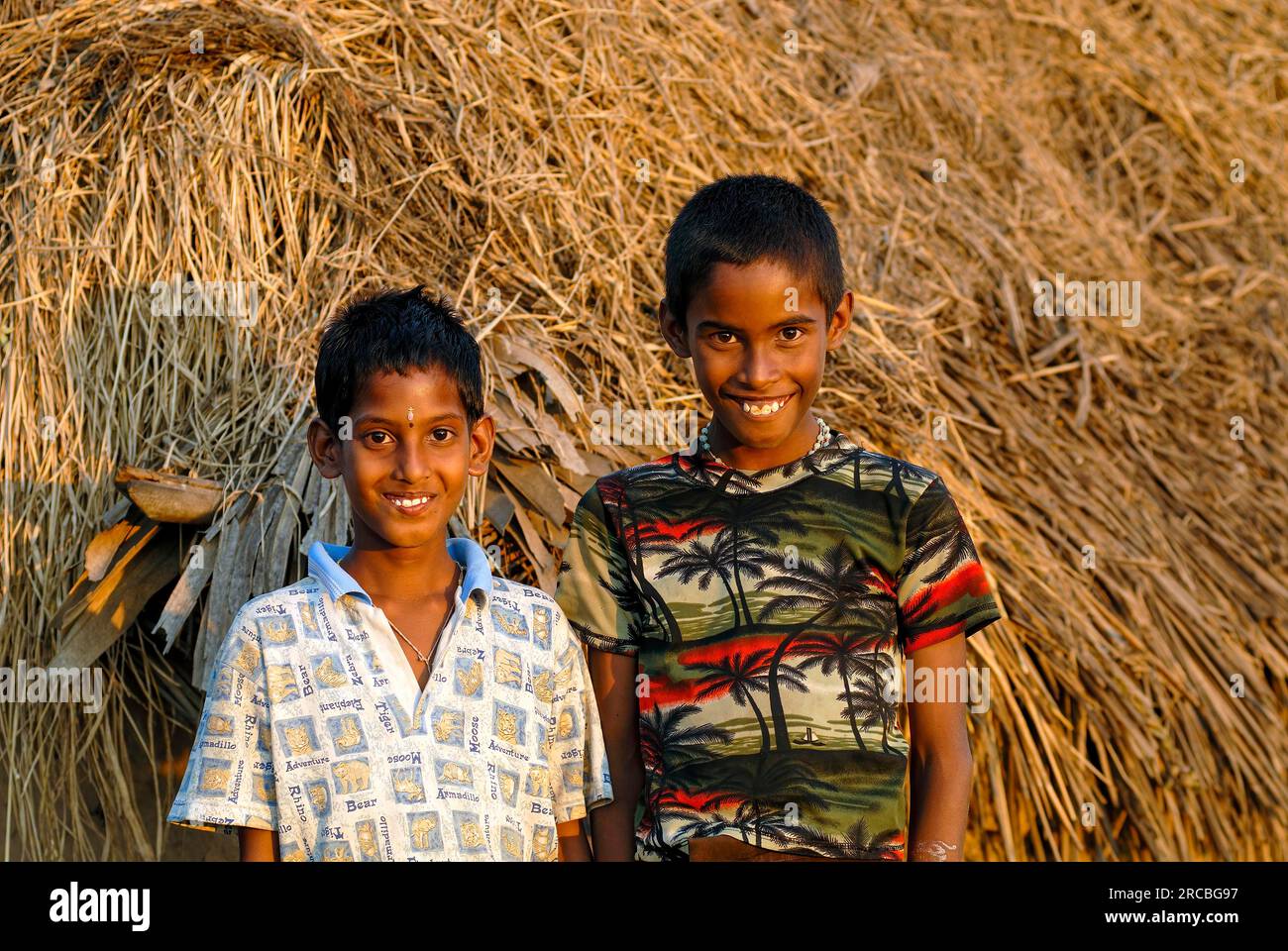 Two rural children with smiling face near Vadalur, Neyveli, Tamil Nadu ...