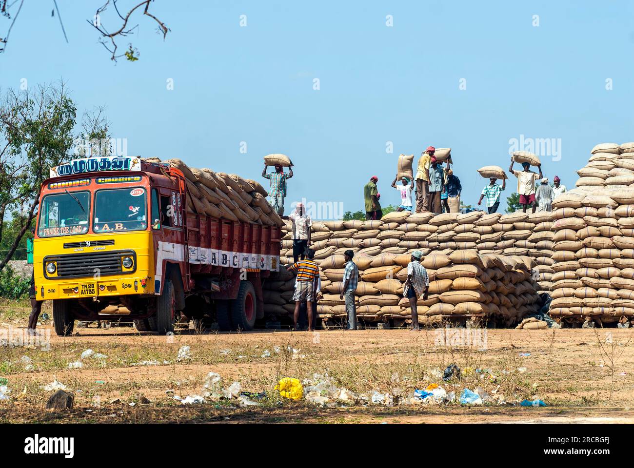 Rice bags at an open storage yard at Vadalur near Neyveli, Tamil Nadu ...
