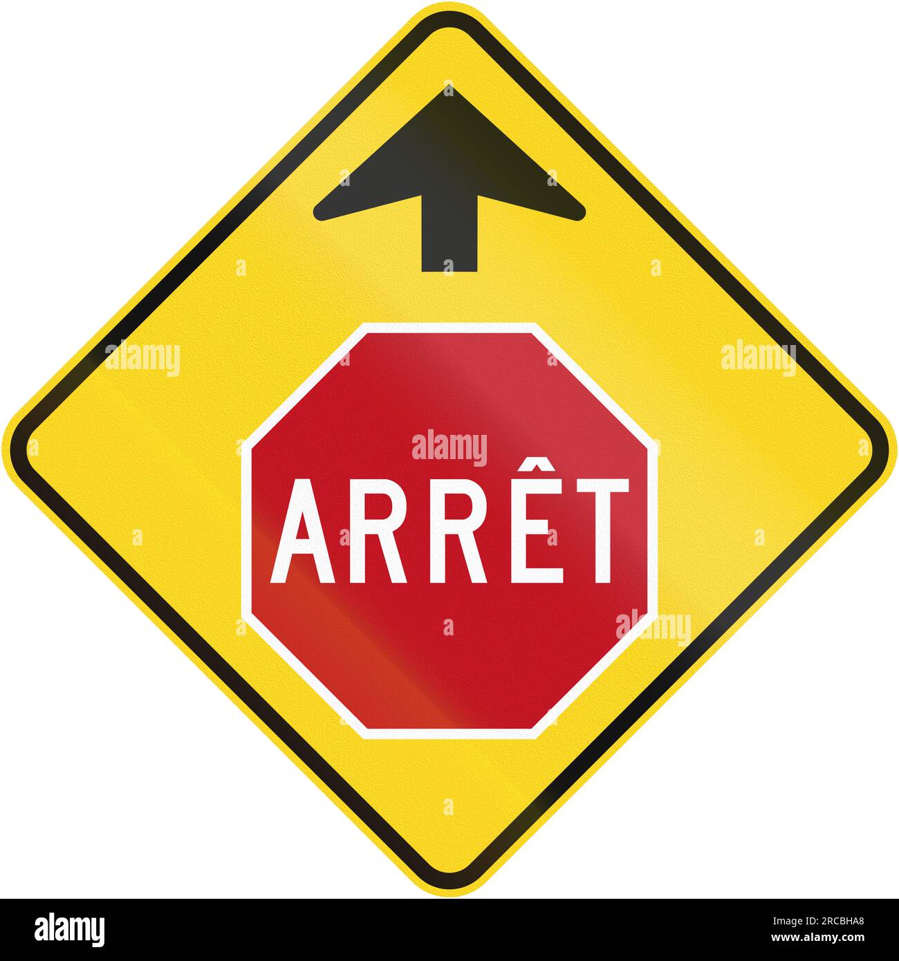 French Canadian road warning sign - Stop sign ahead. Arret means stop ...
