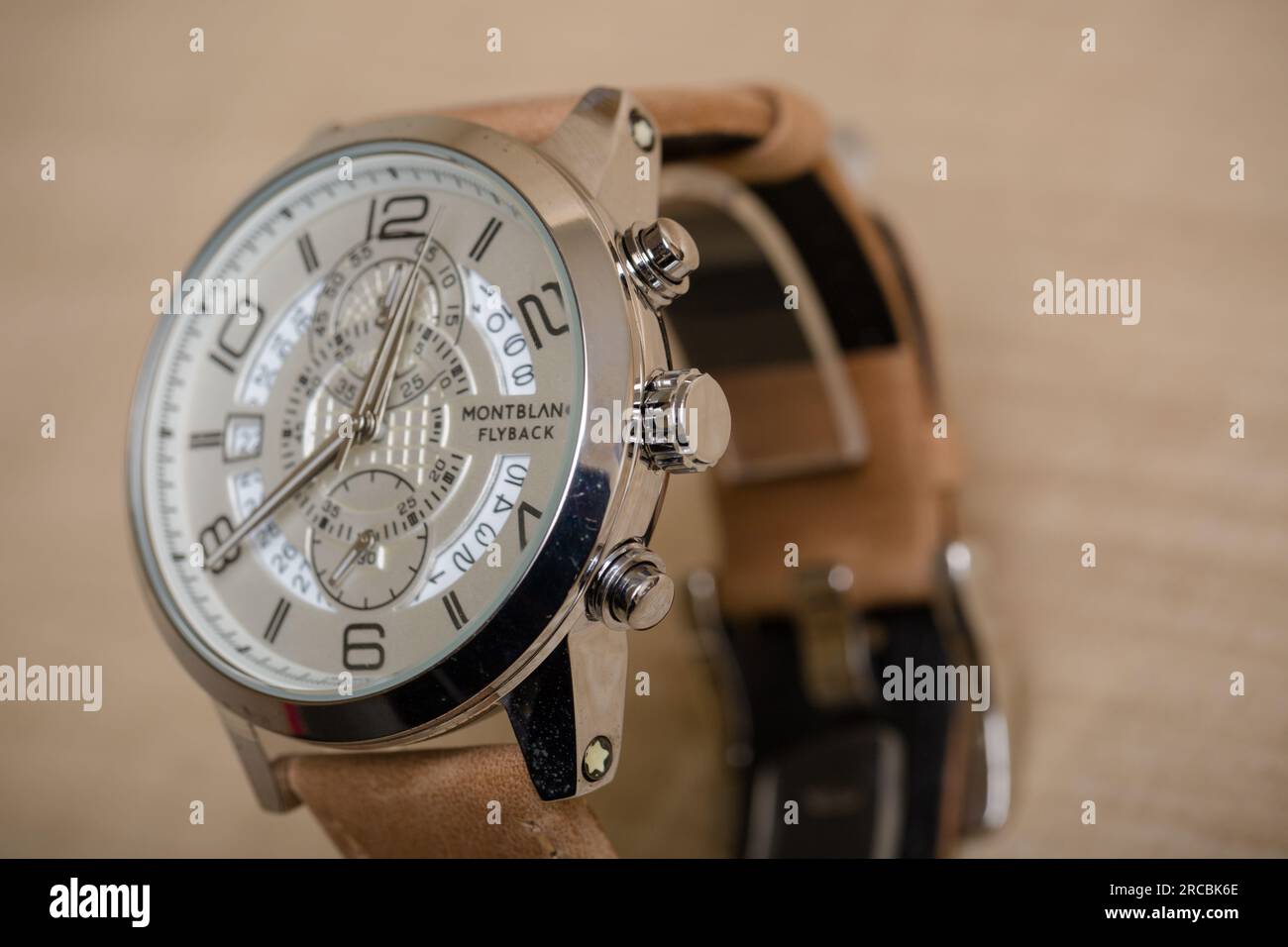 Hand wrist watch chronograph classic designer time clock Stock Photo ...