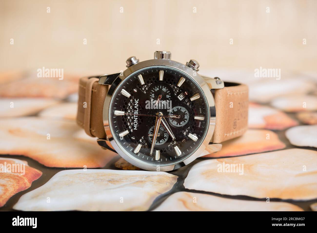 Hand wrist watch chronograph classic designer time clock Stock Photo ...