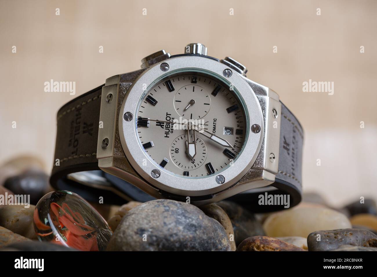 Hand wrist watch chronograph classic designer time clock Stock Photo ...