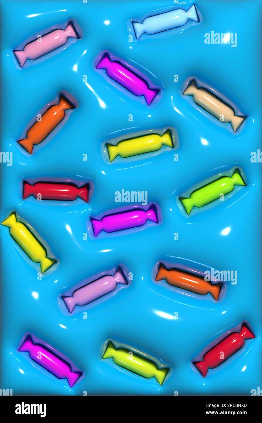 Blue background with colorful candies, 3D rendering illustration Stock ...