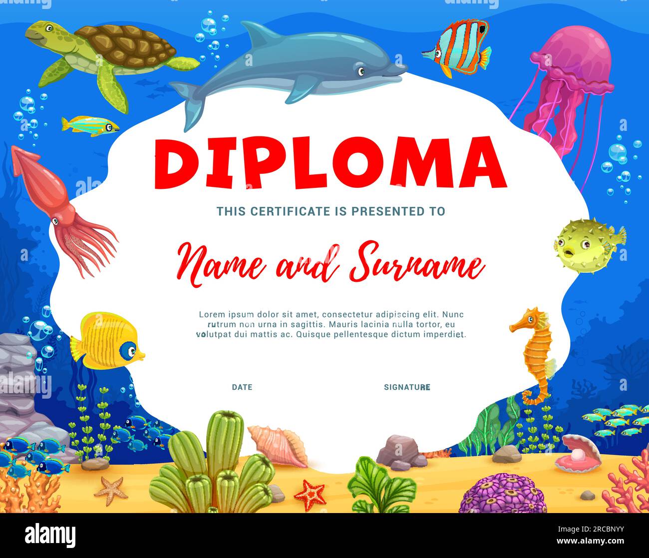 Kids diploma, cartoon animals and fish in underwater landscape ...