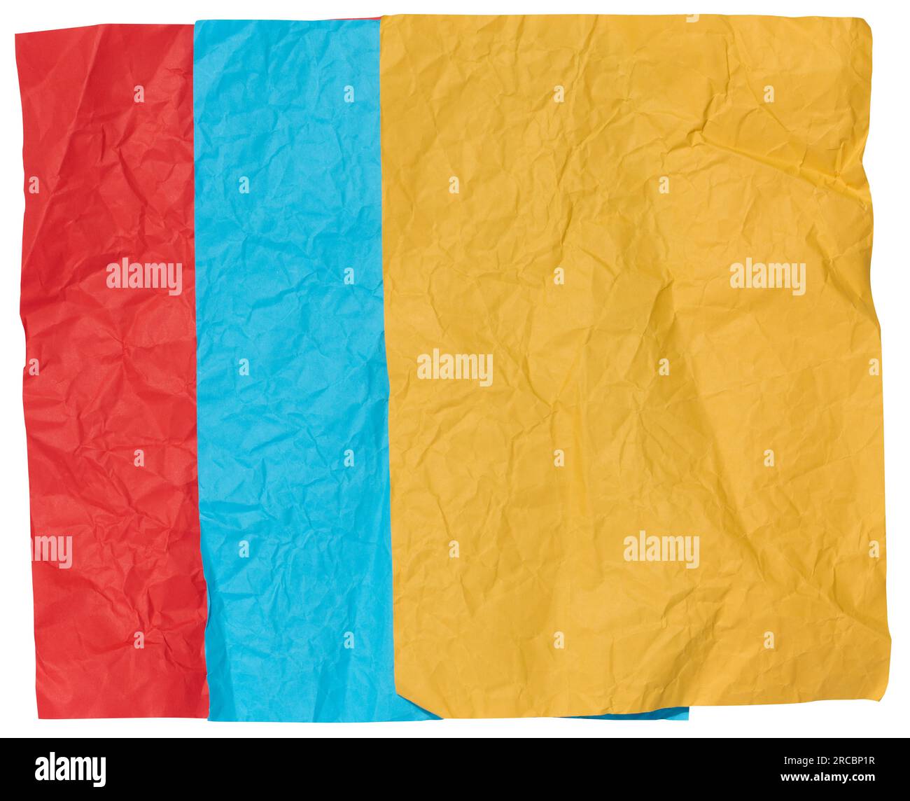 Yellow, blue and red crumpled sheets of paper on a white background ...