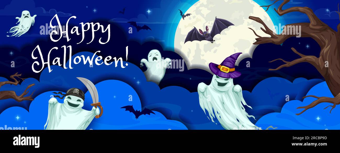 Halloween paper cut, cartoon eerie flying ghosts and bats, vector ...
