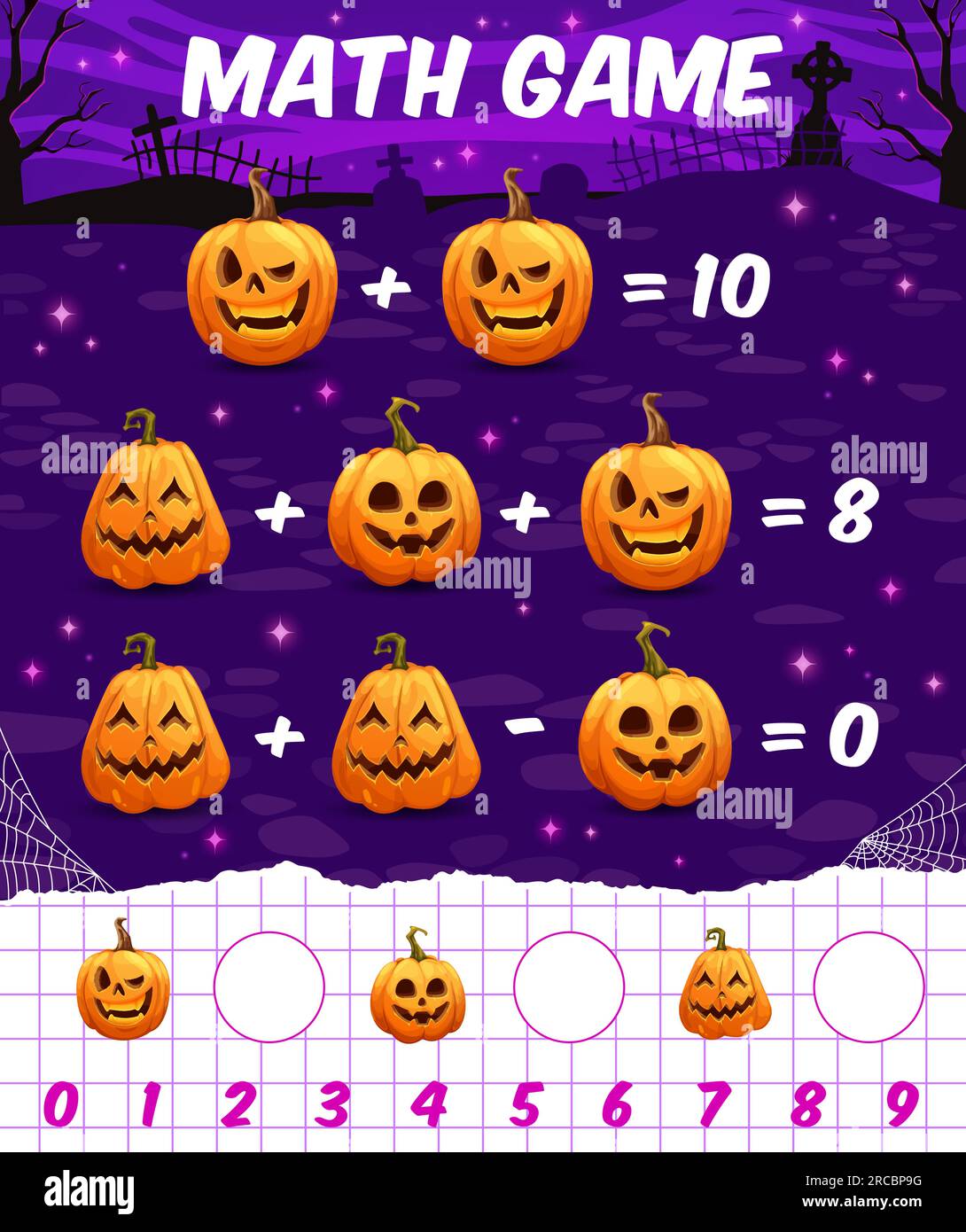 Math game worksheet. Cartoon halloween pumpkins on cemetery. Vector ...