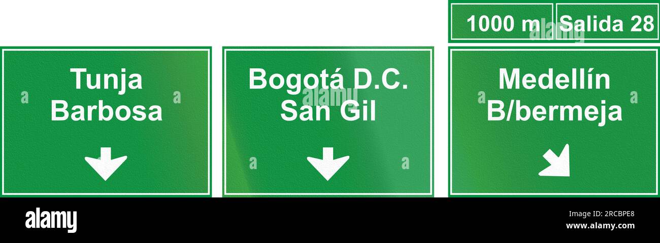 A directional road sign in Colombia, located above highway lanes Stock ...
