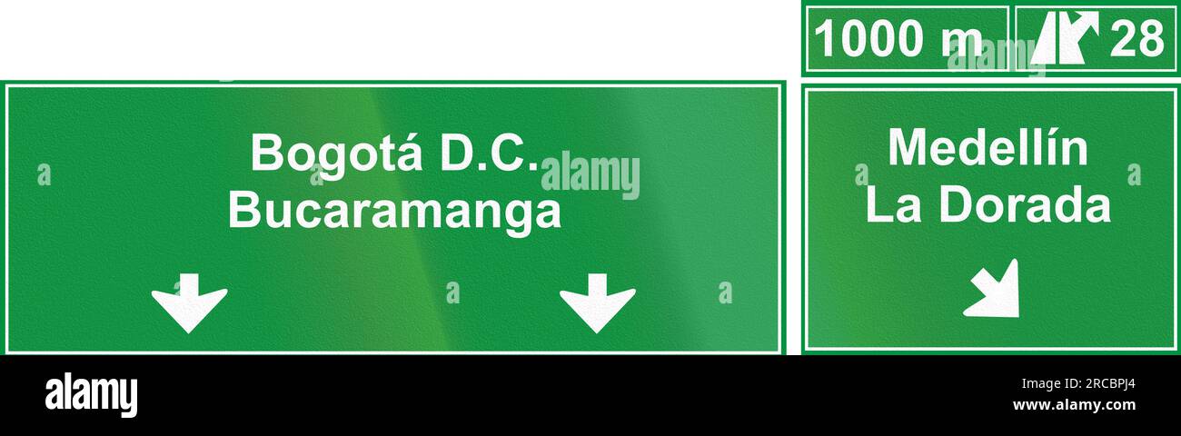 A directional road sign in Colombia, located above highway lanes Stock ...