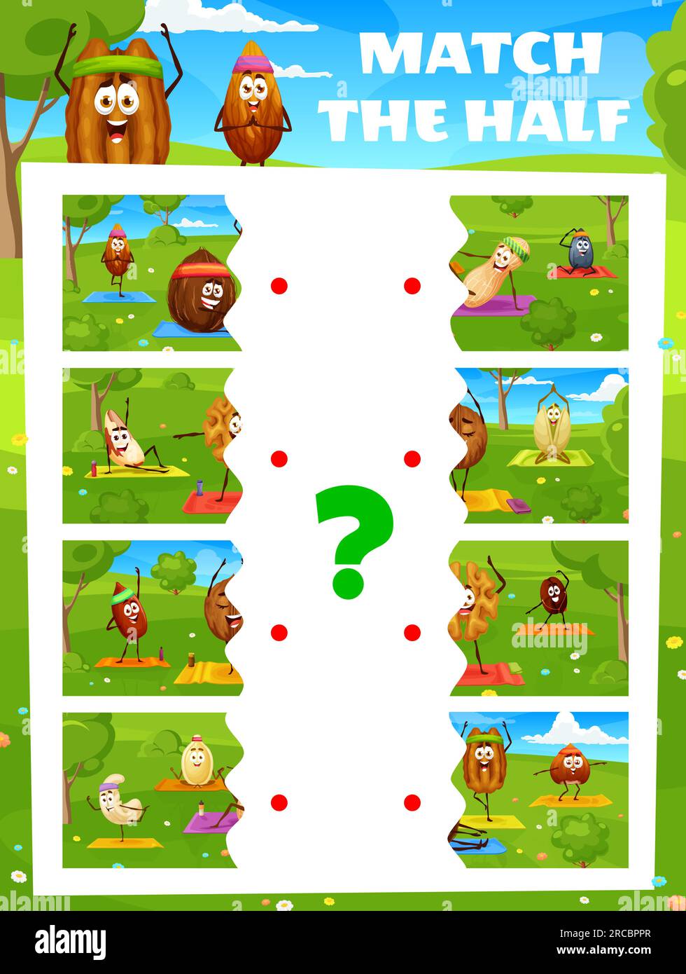 Match the half of cartoon nuts characters on yoga. Vector game ...