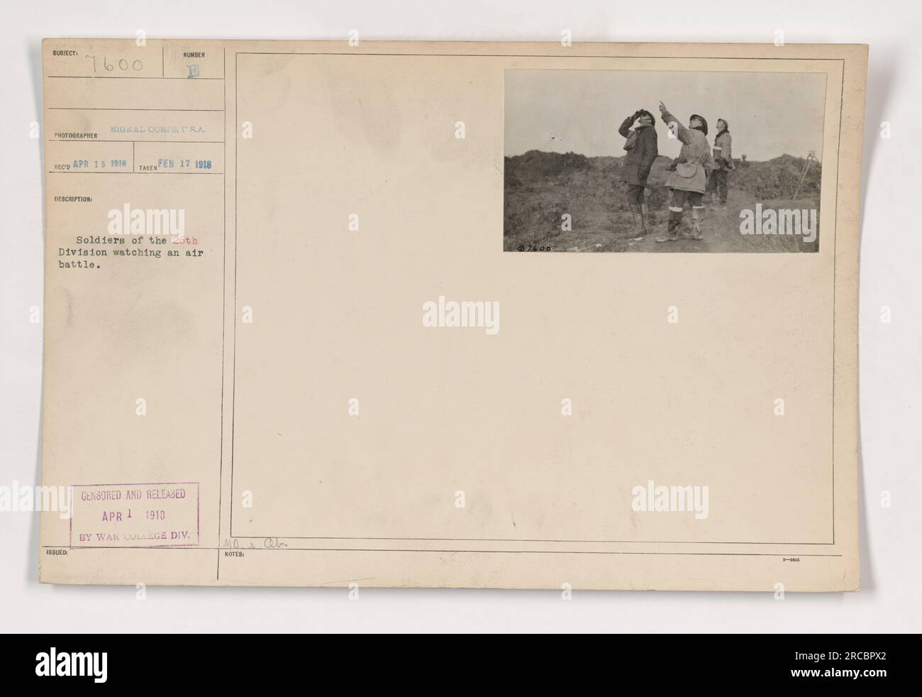 Soldiers from the Twenty-sixth Division observe an air battle during ...