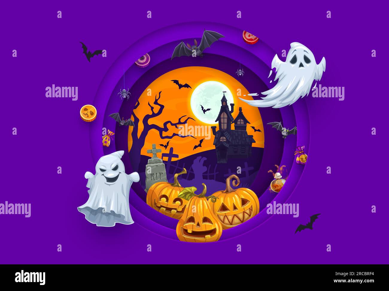 Halloween paper cut cartoon flying ghosts, pumpkins and castle ...