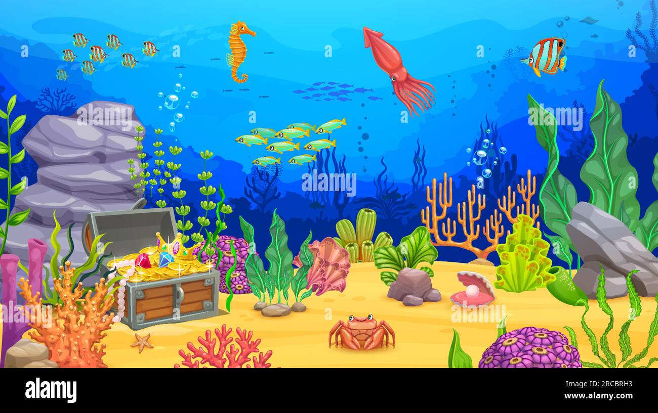Cartoon underwater landscape, sea game level with seaweeds, animals and ...