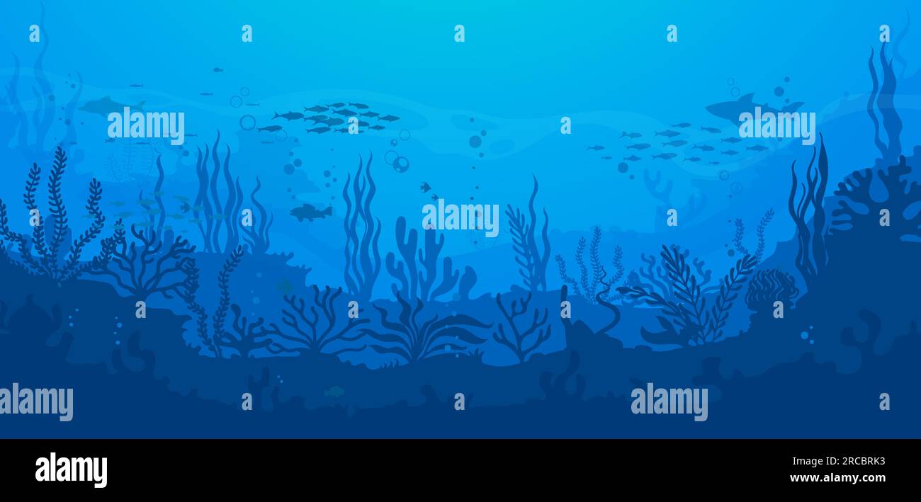 Cartoon underwater sea landscape silhouette with fish shoal and shark ...