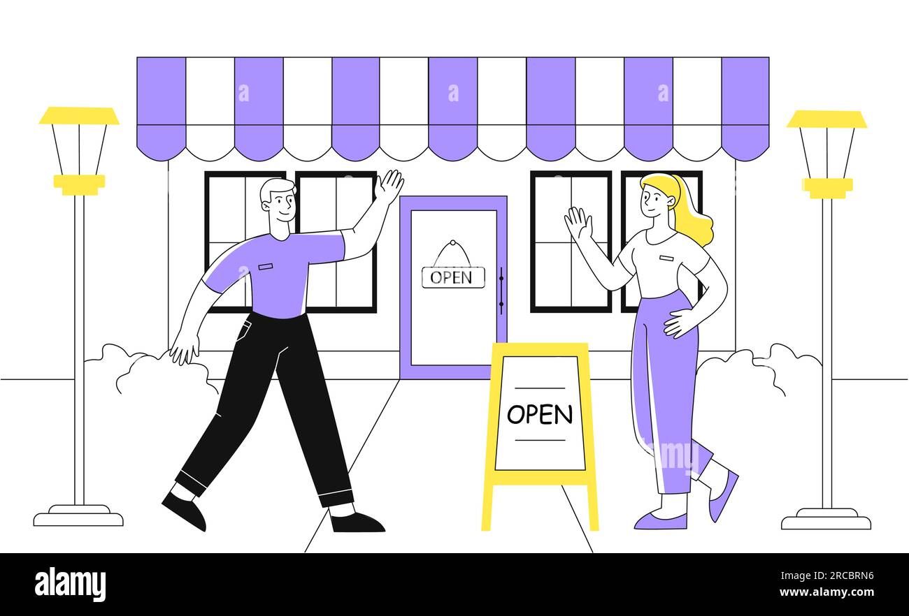 Woman open shop or store line concept Stock Vector Image & Art - Alamy