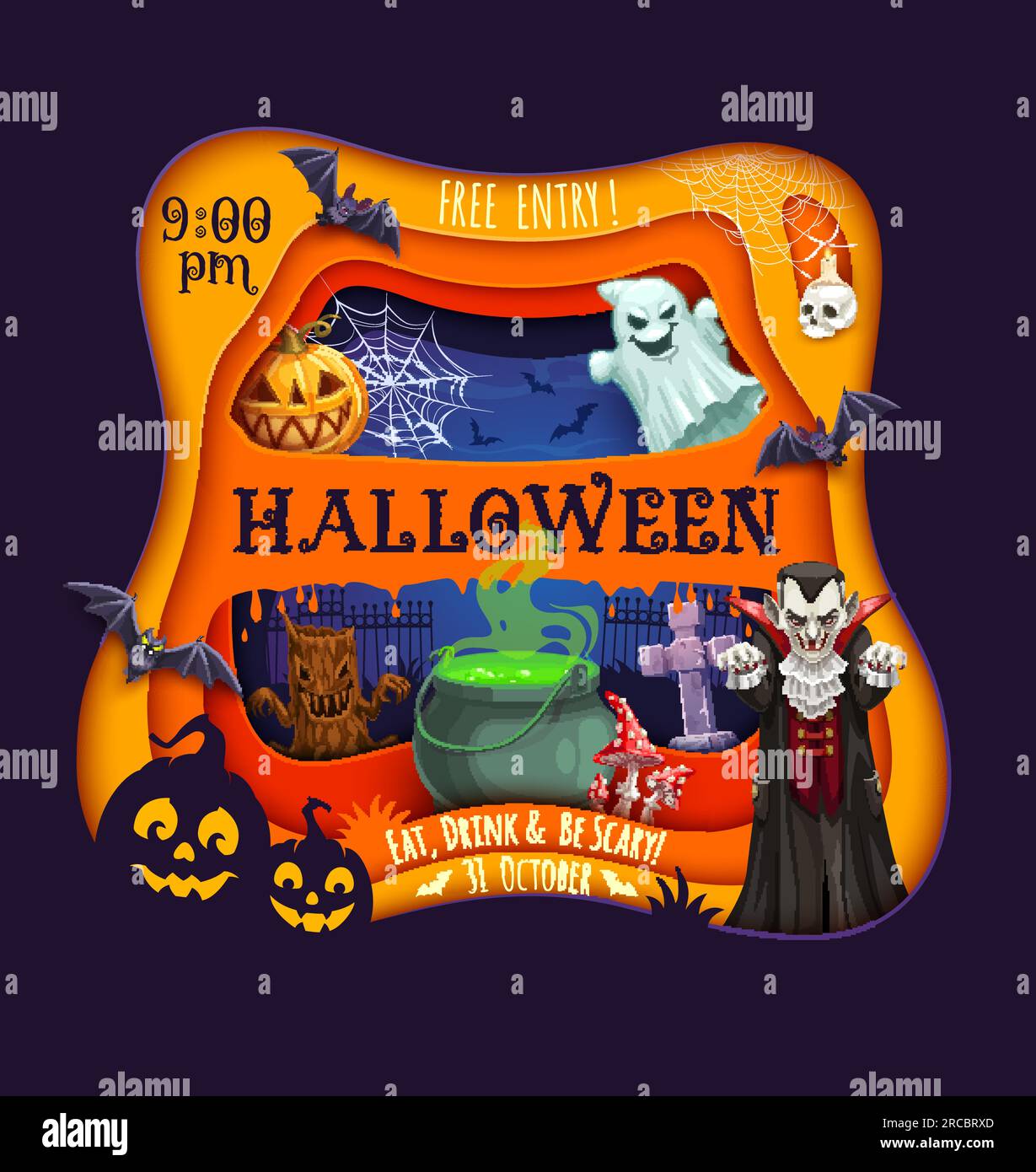 Halloween paper cut flyer. Cartoon characters on cemetery. Vector ...