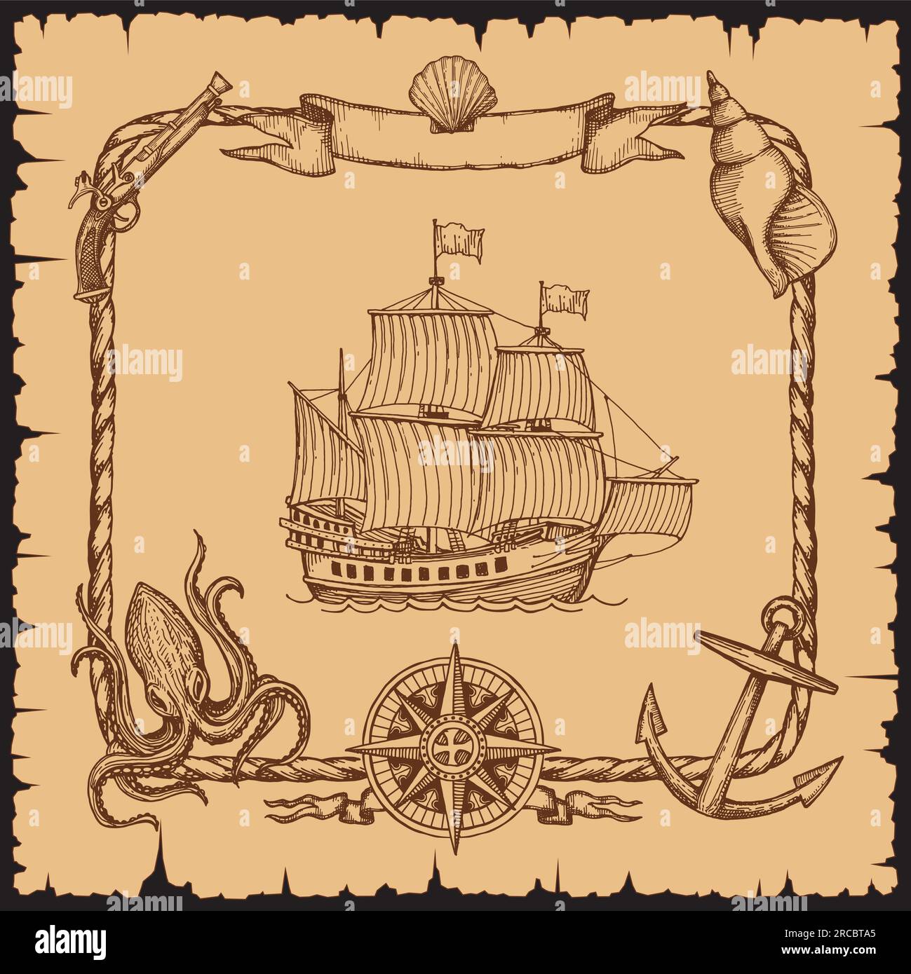 Vintage pirate vessel ship with rope frame or border sketch. Vector ...