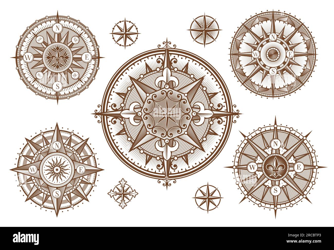 Vintage medieval antique wind rose compass engravings with sun and ...