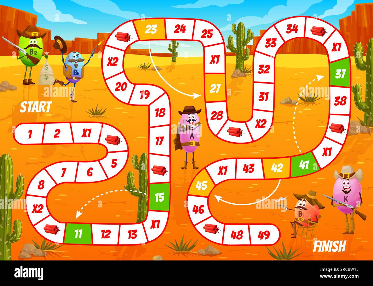 Kids western step board game. Cartoon vitamin cowboy, ranger and ...