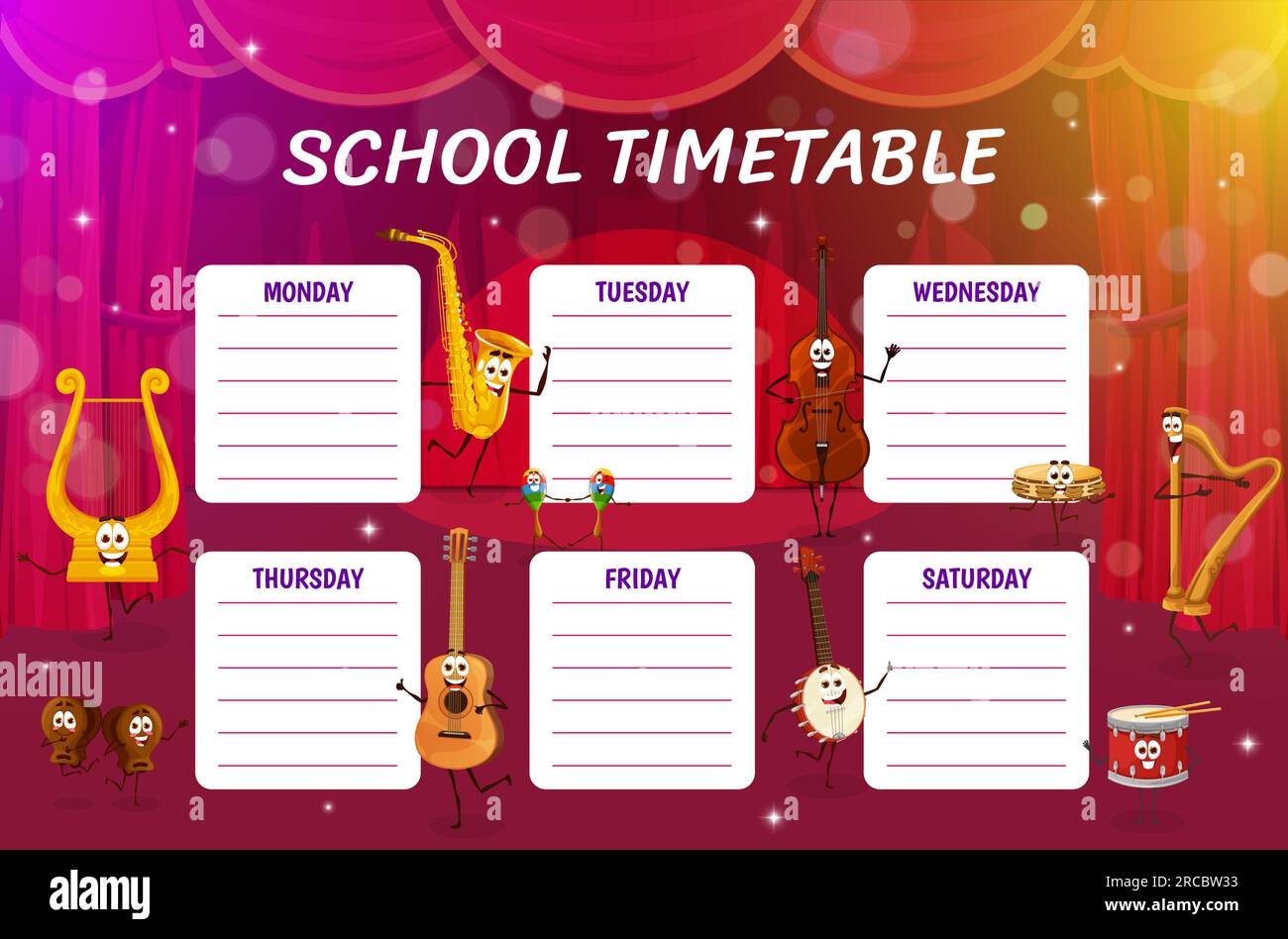 Education timetable schedule. Cartoon musical instrument characters on ...