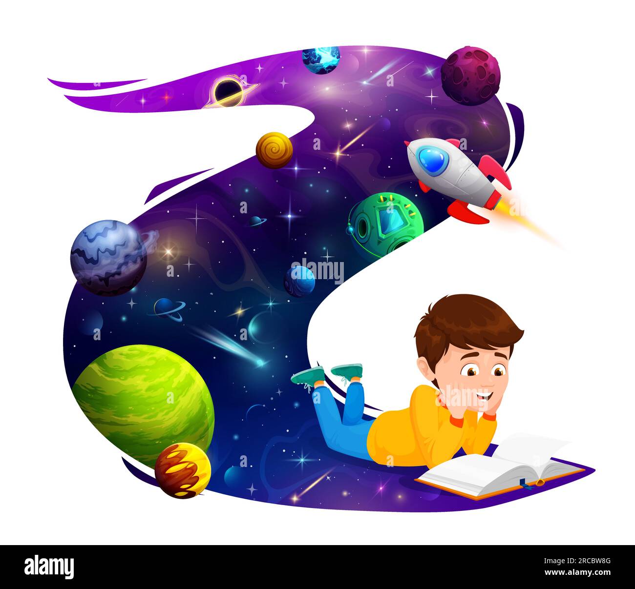 Child boy reading a book and thinking about space flight on rocket ...