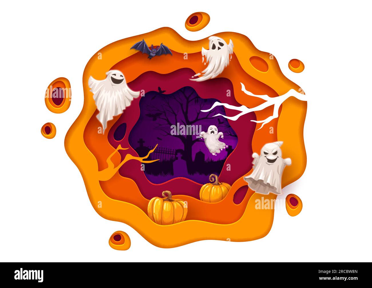 Halloween paper cut flying cartoon funny ghosts on cemetery. Vector ...