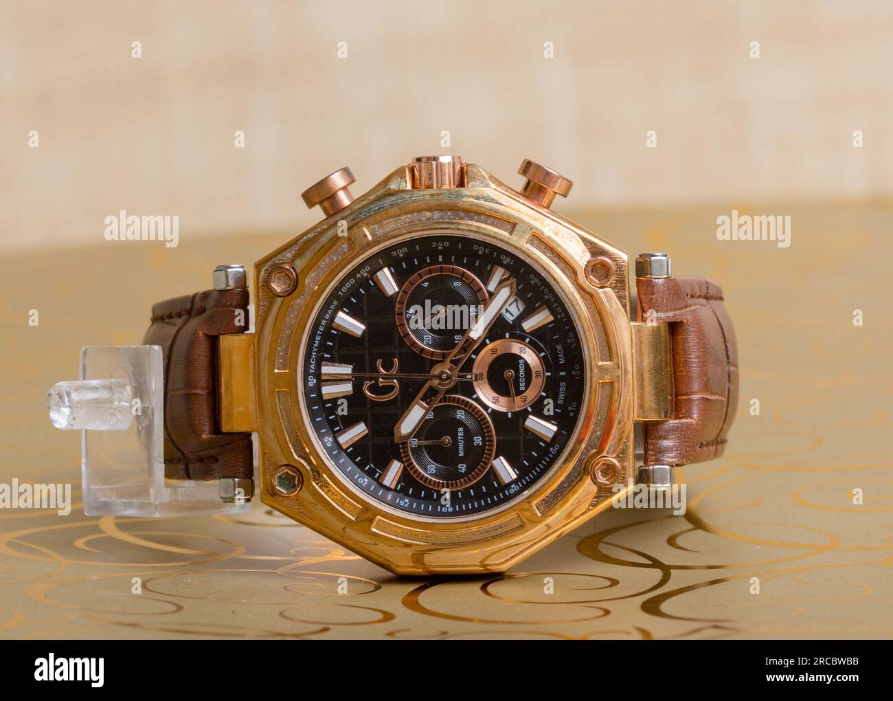 Hand wrist watch chronograph classic designer time clock Stock Photo ...