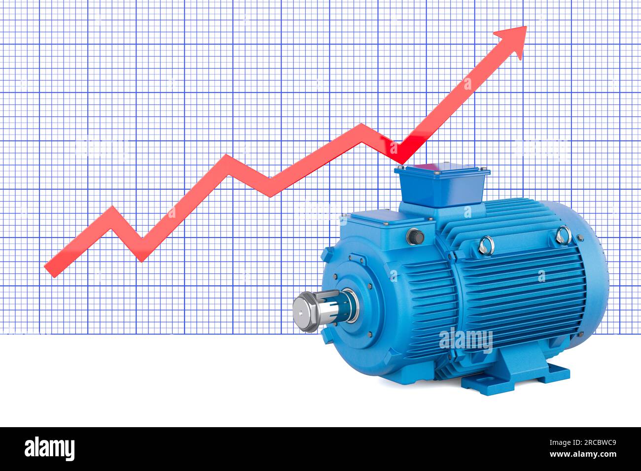 Electric motor with growing chart, 3D rendering isolated on white ...