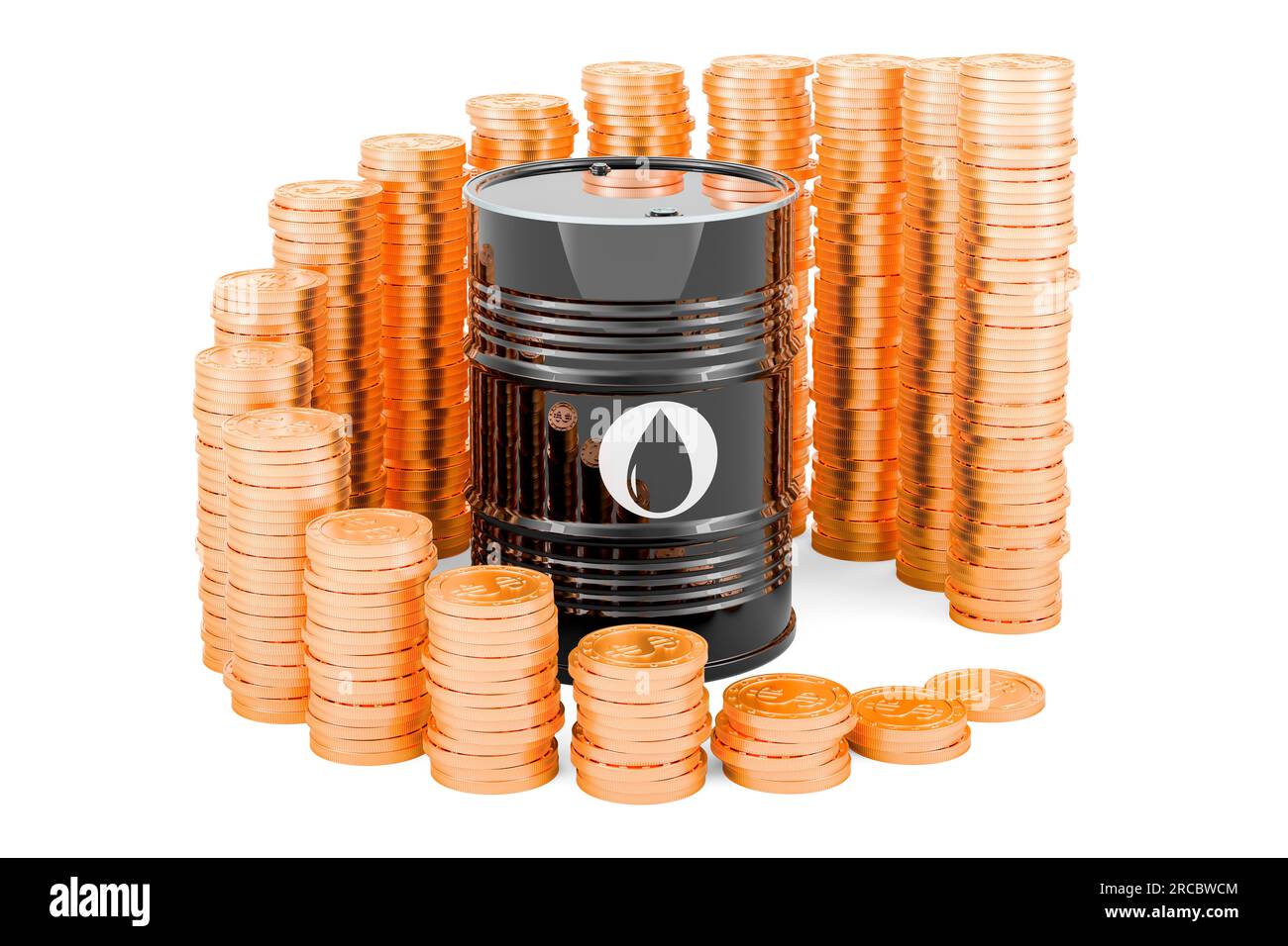 Oil barrel with growing chart from gold coins around, 3D rendering ...