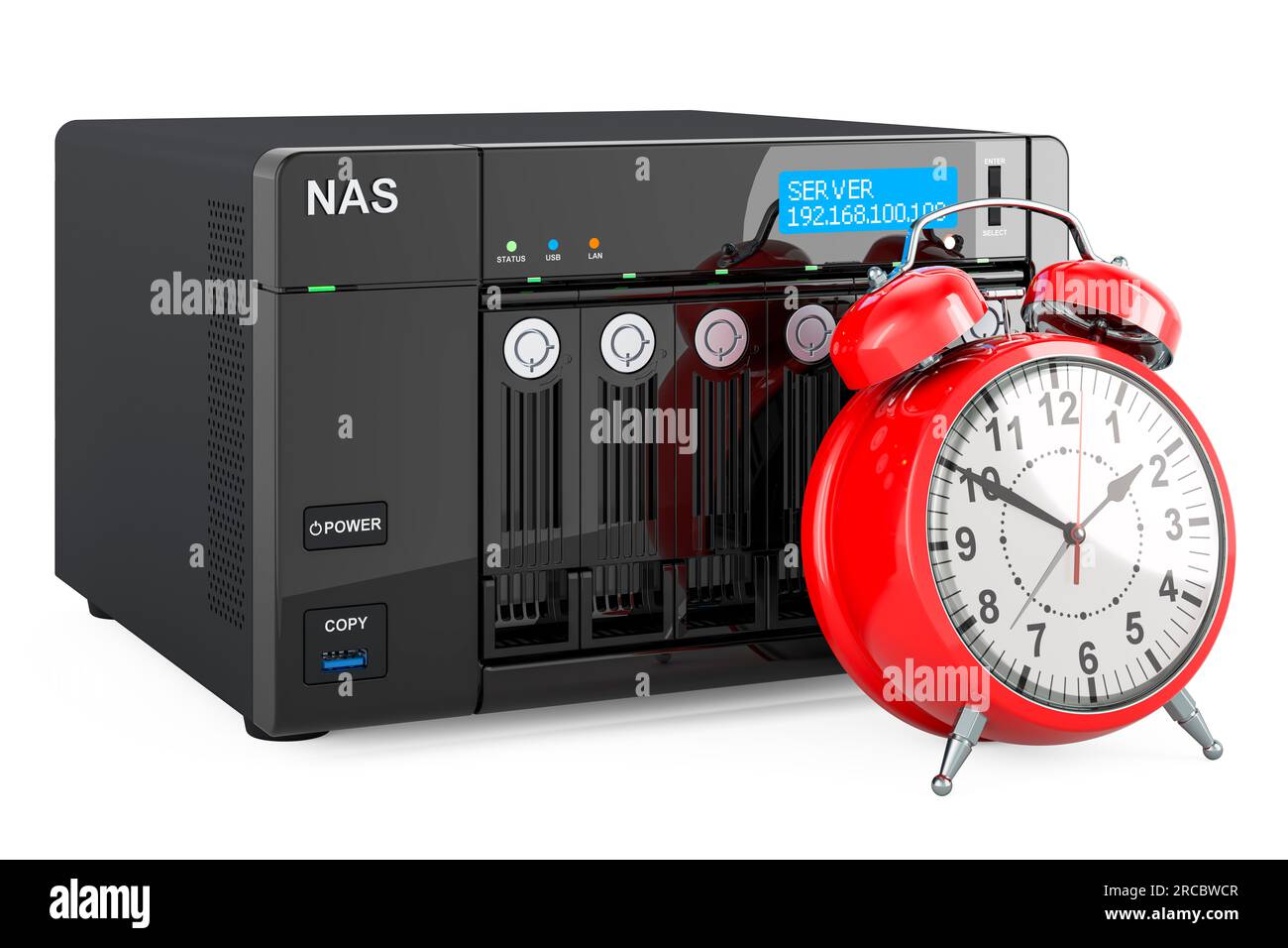 NAS network-attached storage with alarm clock, 3D rendering isolated on ...