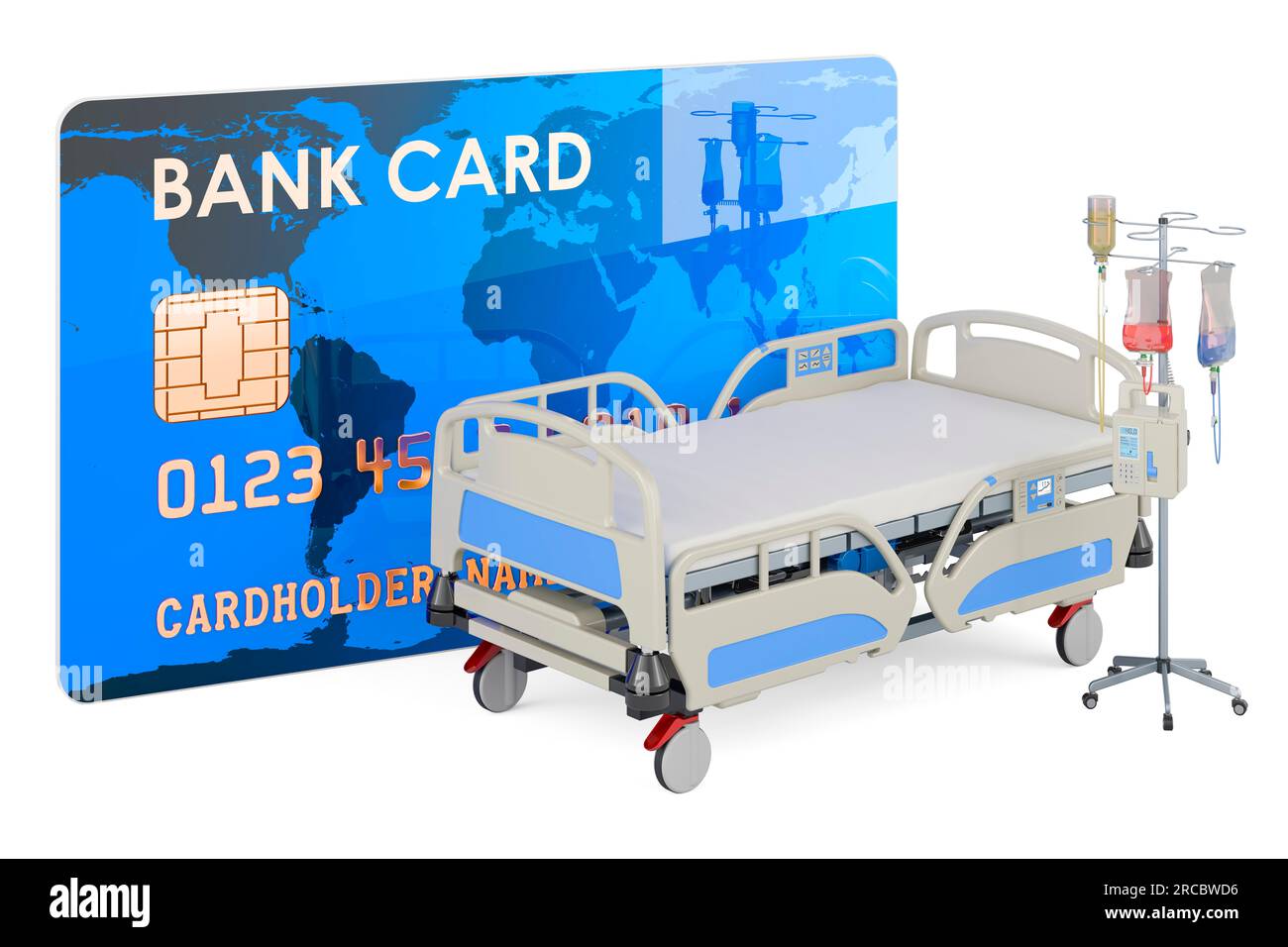 Adjustable hospital bed with credit card, 3D rendering isolated on ...