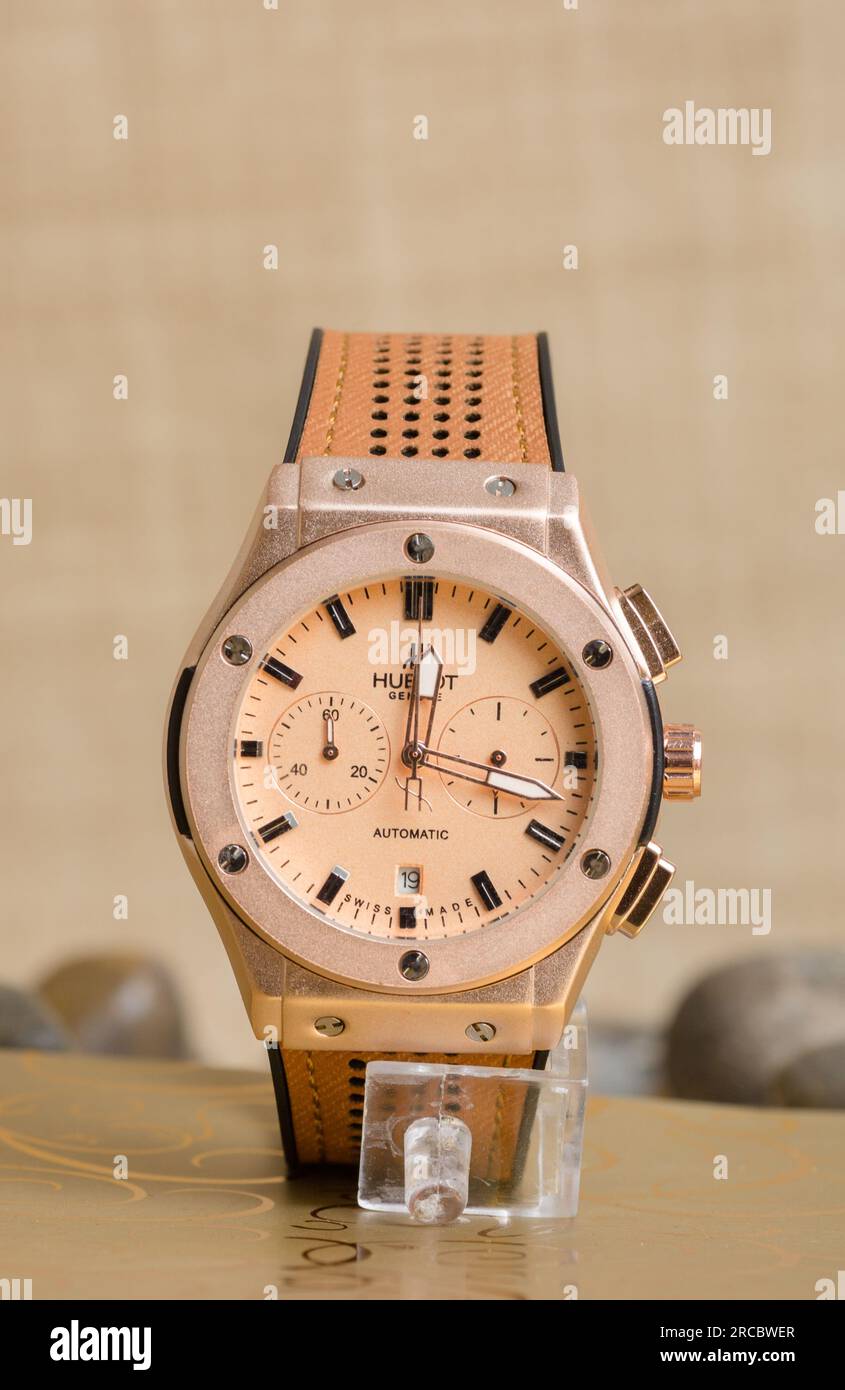 Hand wrist watch chronograph classic designer time clock Stock Photo ...