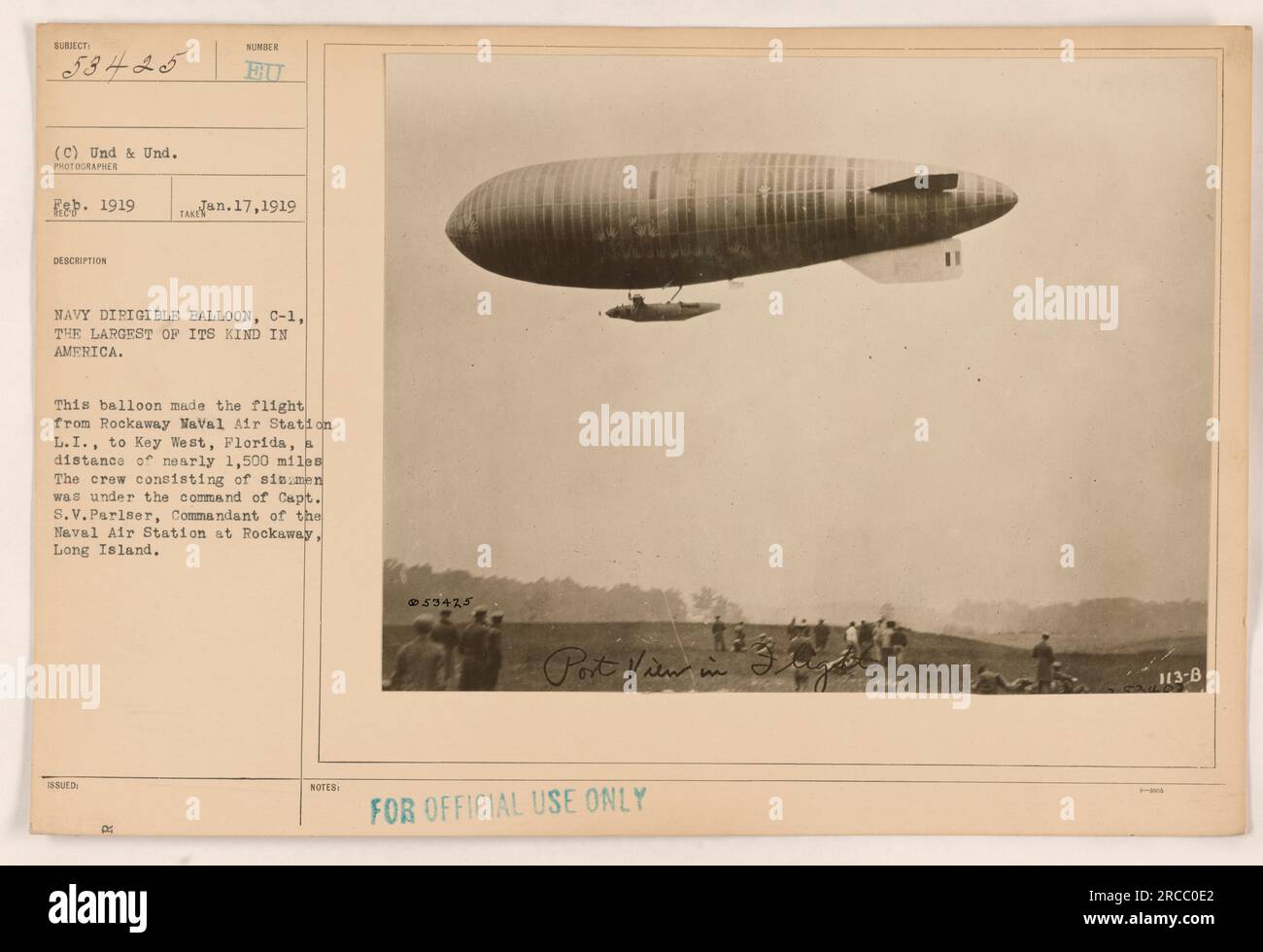 Navy dirigible balloon, C-1, completing a 1,500-mile flight from ...