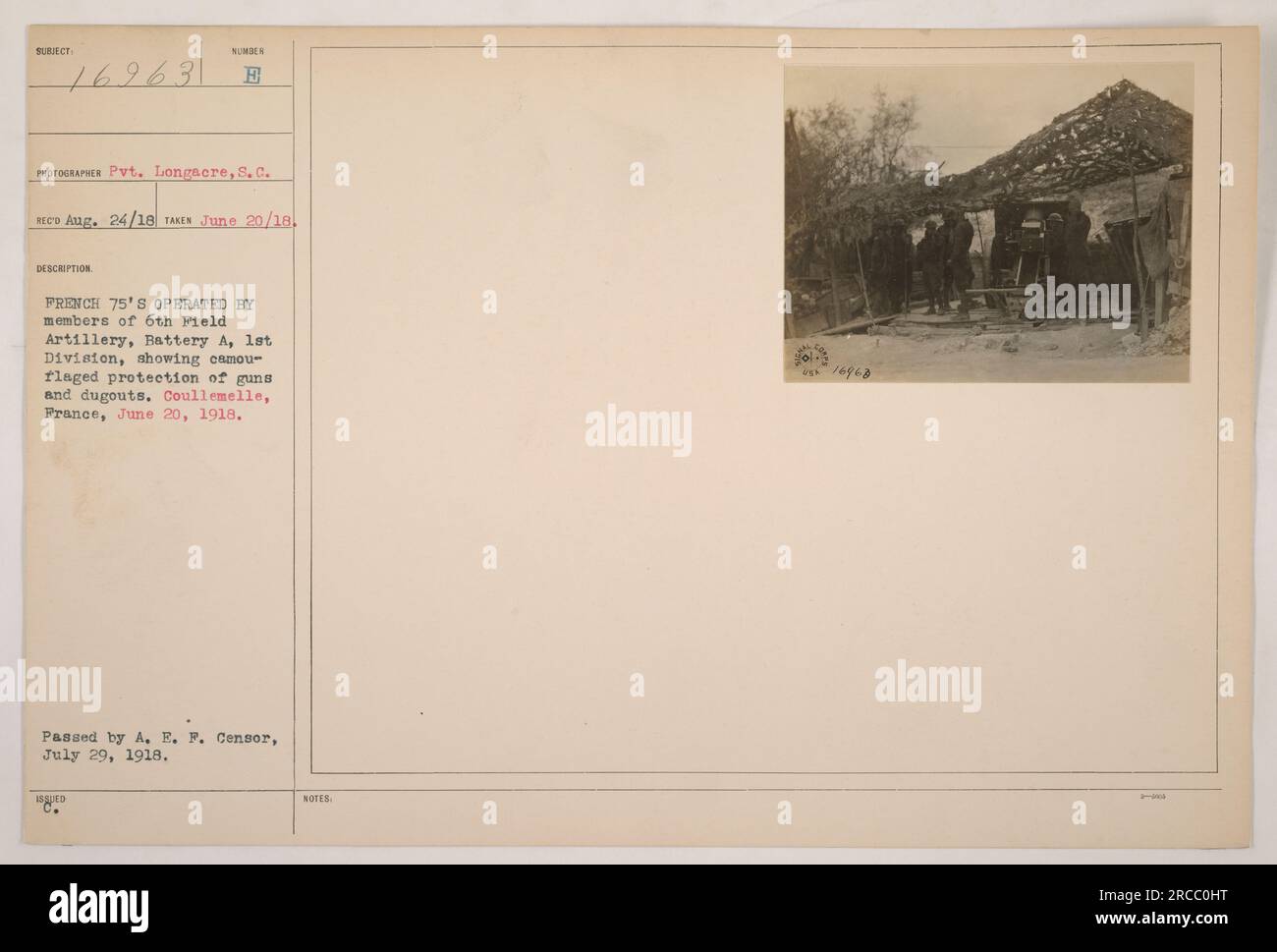 Camouflaged French 75 artillery guns and dugouts operated by members of ...