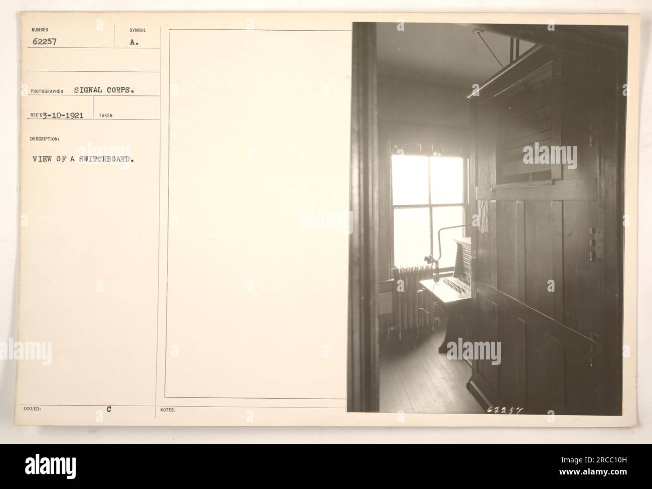 Photograph of switchboard number 62257 taken on October 10, 1921 by a ...