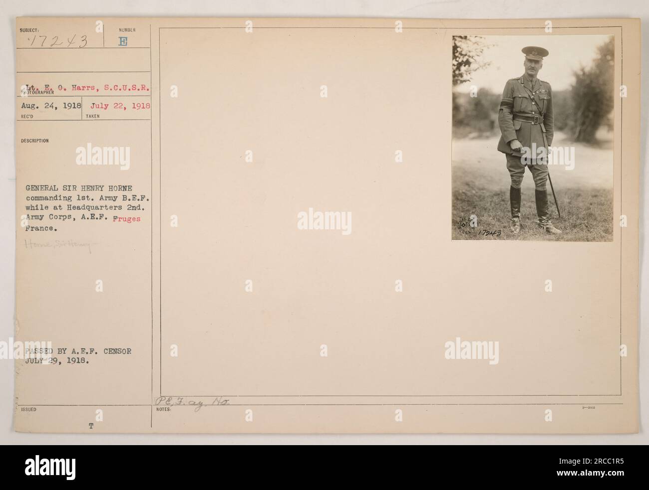 General Sir Henry Horne, commanding the 1st Army B.E.F, is seen at ...