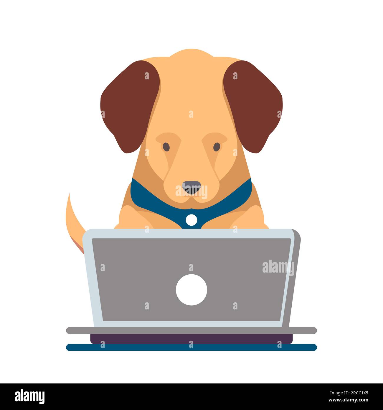 Cute dog working with laptop, flat design style, vector illustration ...