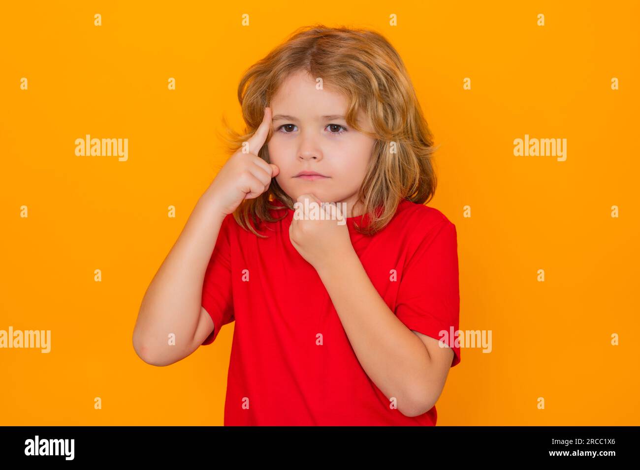Little thinker. Kid have idea on yellow isolated background. Child ...