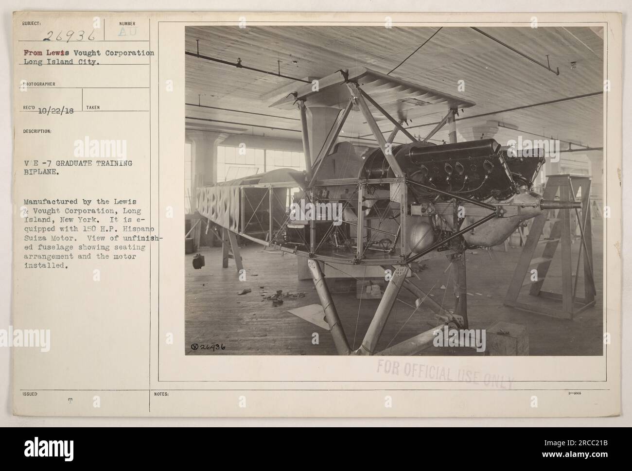 Unfinished fuselage of a Vought VE-7 graduate training biplane ...