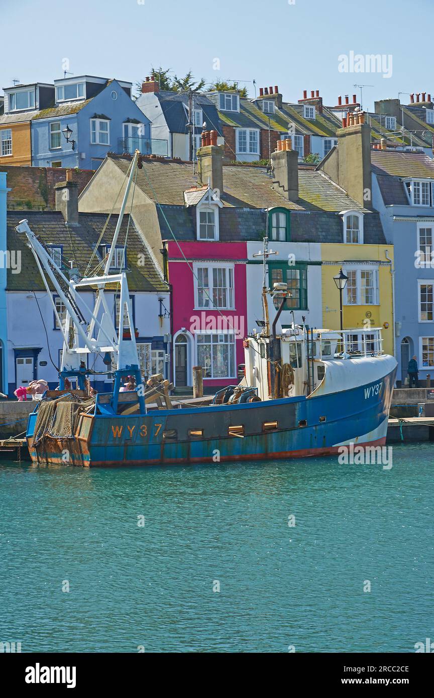 Fishing boats and colourful quayside, Weymouth, Dorset Stock Photo - Alamy