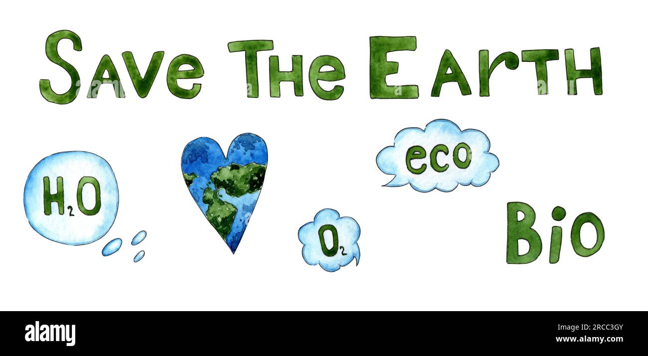 Let's save the planet from plastic watercolor icons set. Heart shaped ...
